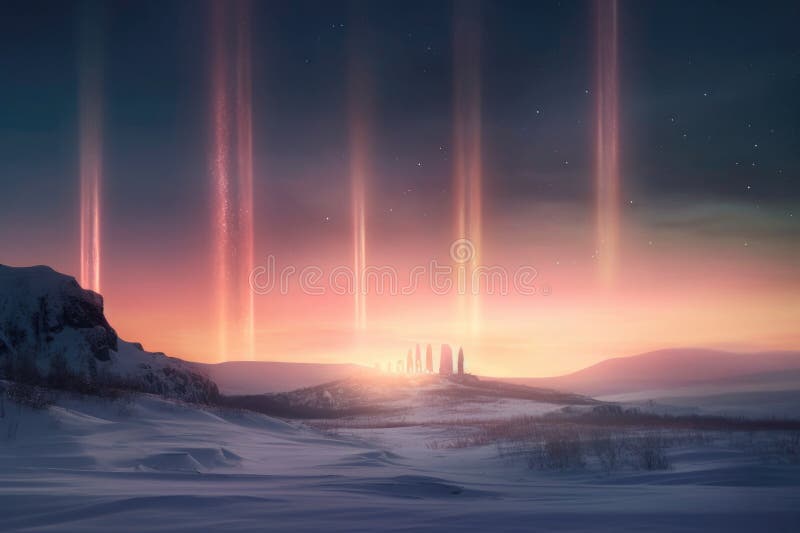 Captivating Light Pillars Over Snow-covered Hills Stock Illustration ...