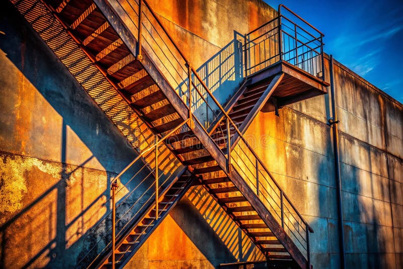 Rusty Fire Escape Staircase Silhouette Against a Bare Brick Wall a ...