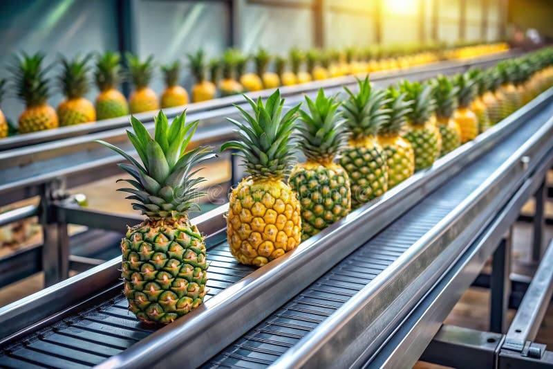 Modern Pineapple Processing Facility Fresh Pineapples on a Conveyor ...