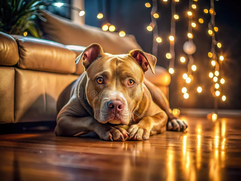 Majestic Pitbull Relaxing on a Cozy Sofa in a Dark Room LowLight ...