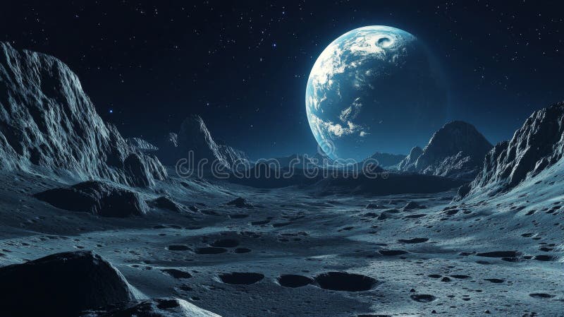 Dramatic Lunar Landscape with Mountains, Craters, and Earth in View ...