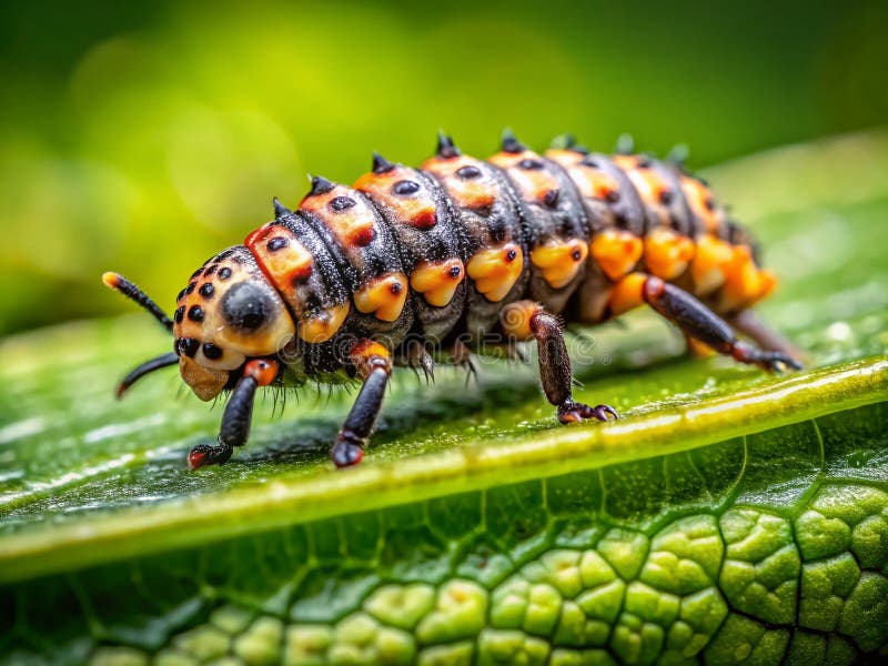 Intriguing Closeup of a Ladybug Larva on a Vibrant Green Leaf a Macro ...