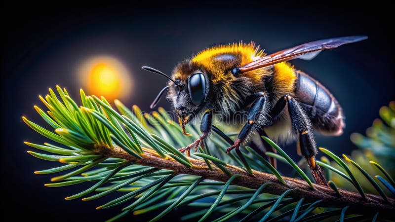 A CloseUp Nocturnal Encounter Bumblebee on Pine Tree Under the Night ...