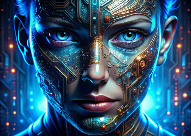 Advanced AI Cybersecurity Authentication a Futuristic Robot Face Macro ...