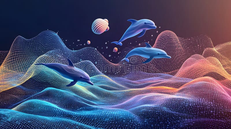 Captivating Mesh Grid with Surreal Ocean Waves Dolphin and Seashell ...