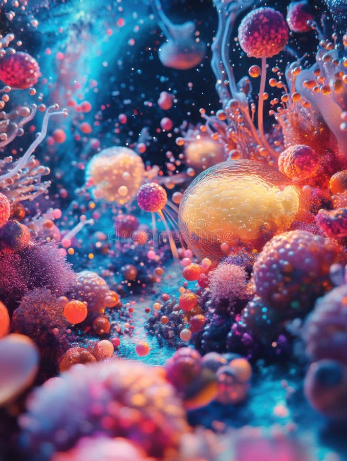 Vibrant Microscopic Landscape Showcasing Glowing Viruses in a Colorful ...