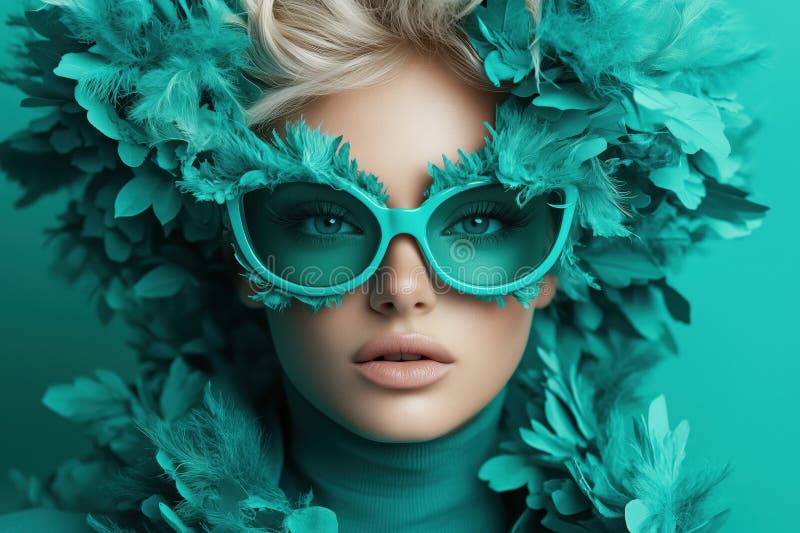 A Striking Model in Vibrant Teal Fashion Surrounded by Floral Elements ...