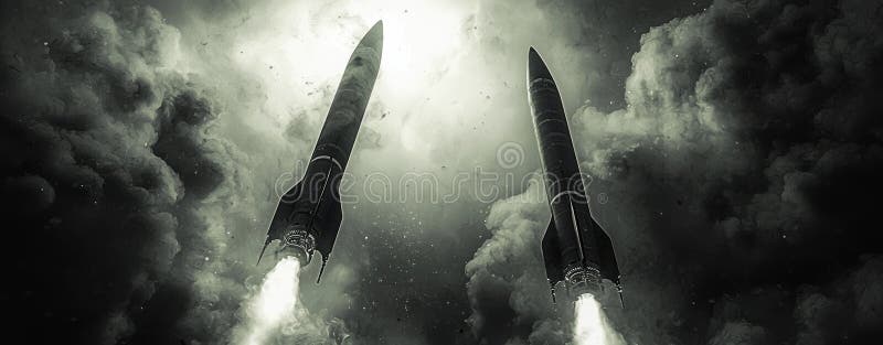 Dual Rocket Launch into Dramatic Cloudscape Stock Illustration ...