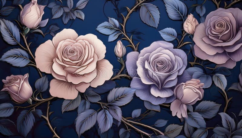 Striking Thorn Rose Pattern Mural Against a Deep Blue Backdrop an ...