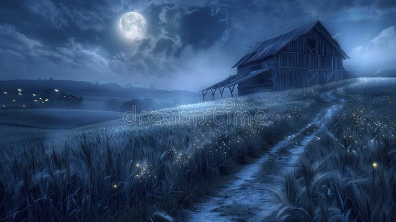 Enchanting Night Landscape with Full Moon, Fireflies, and Rustic ...