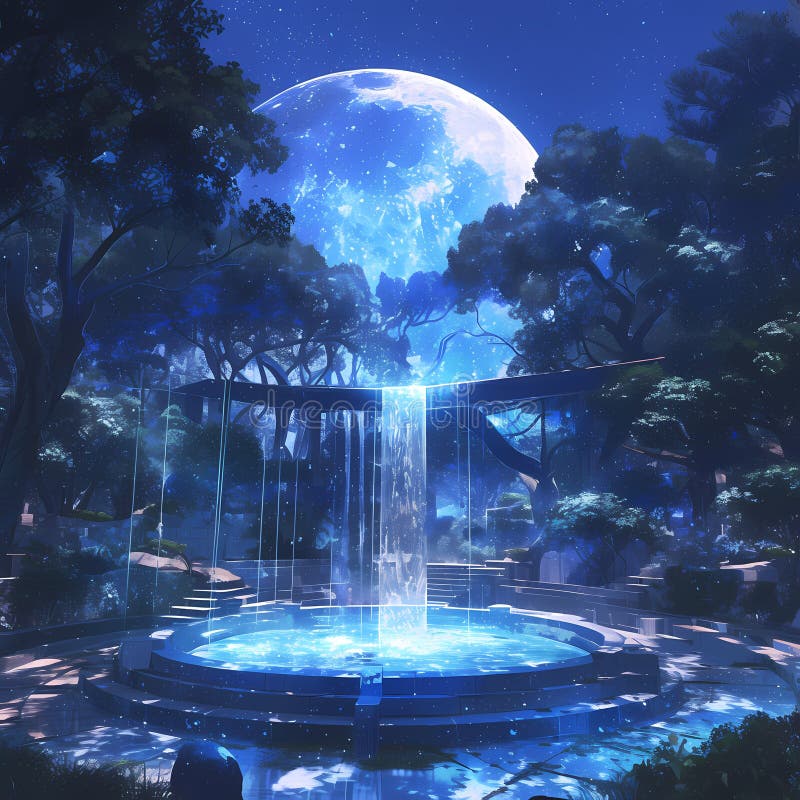 Enchanting Moonlit Fountain Garden Stock Illustration - Illustration of garden, trees: 314897216