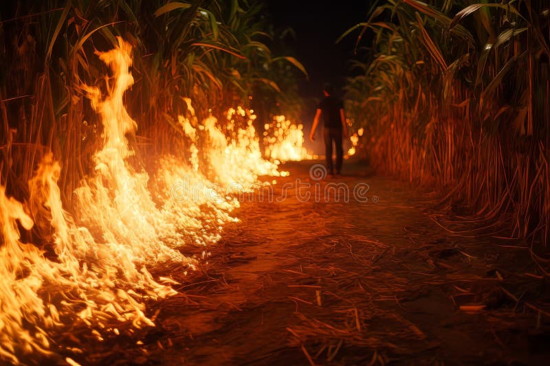 A Captivating Night Scene of a Fire Illuminating a Corn Field Beneath a Stunning Starry Sky ...