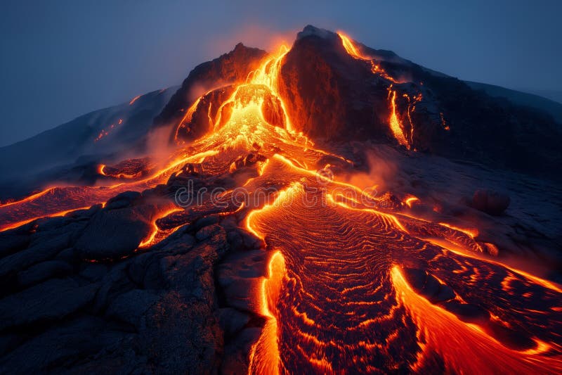 Volcanic Activity with Bright Lava Flow at Night Stock Image - Image of ...
