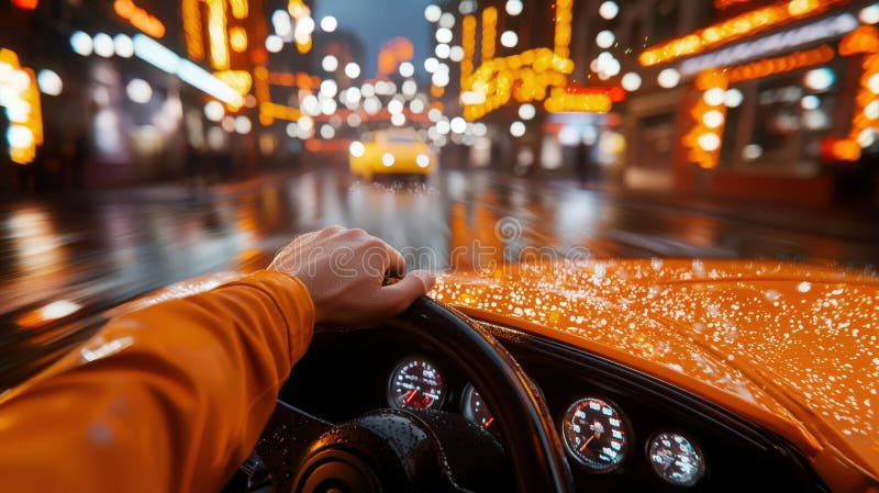 Captivating Nighttime Cityscape through a Car Windshield after a ...