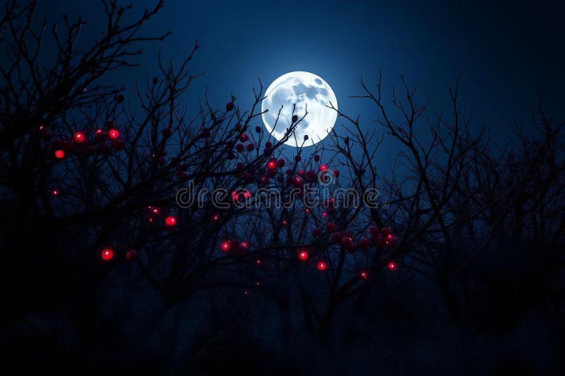 Mystical Hawthorn Thicket at Night Stock Illustration - Illustration of moonlight, thicket ...