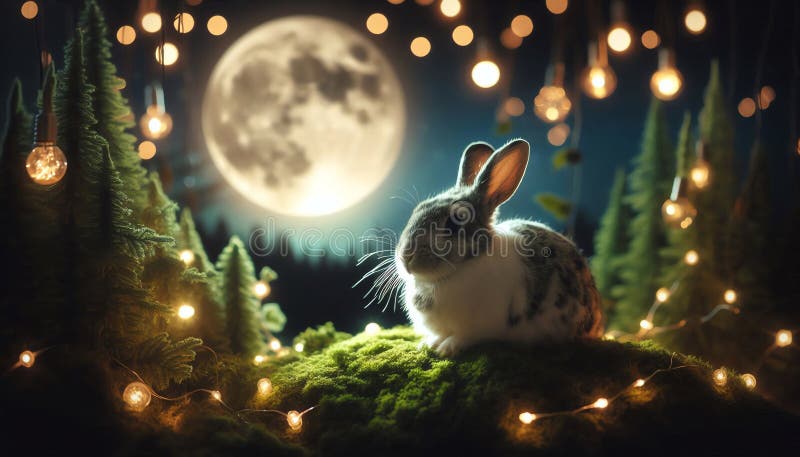 Rabbit Sitting on Mossy Knoll Under Full Moon in Magical Nighttime ...