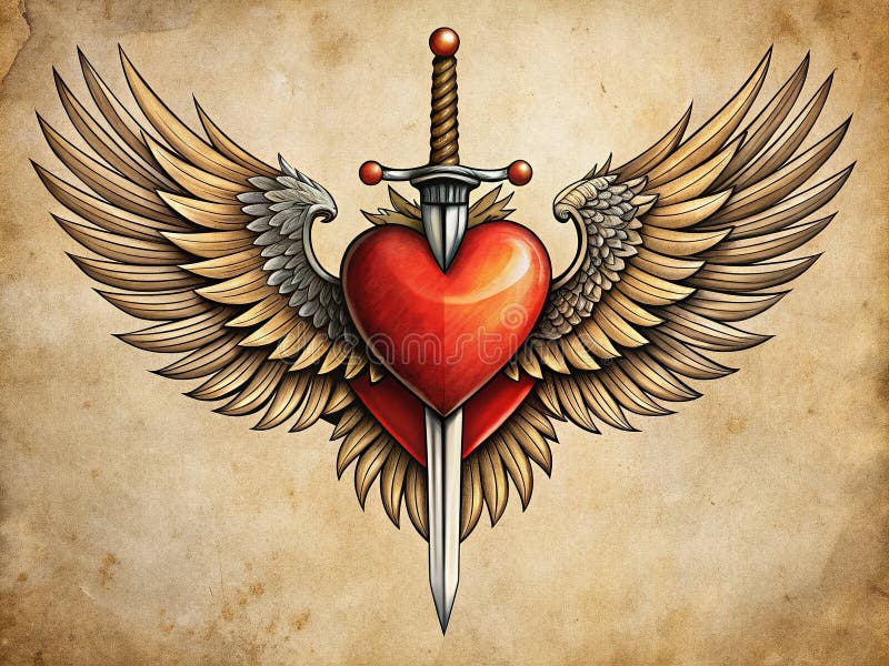 Vintage Tattoo Sketch: Winged Heart Impaled by Sword â€ a Timeless ...