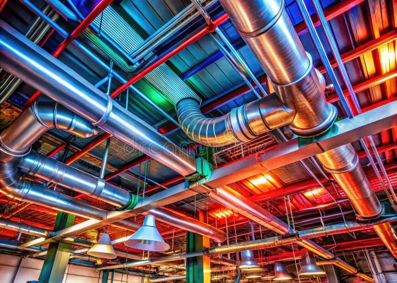 Comprehensive Overhead View of Industrial Infrastructure Exposed HVAC ...