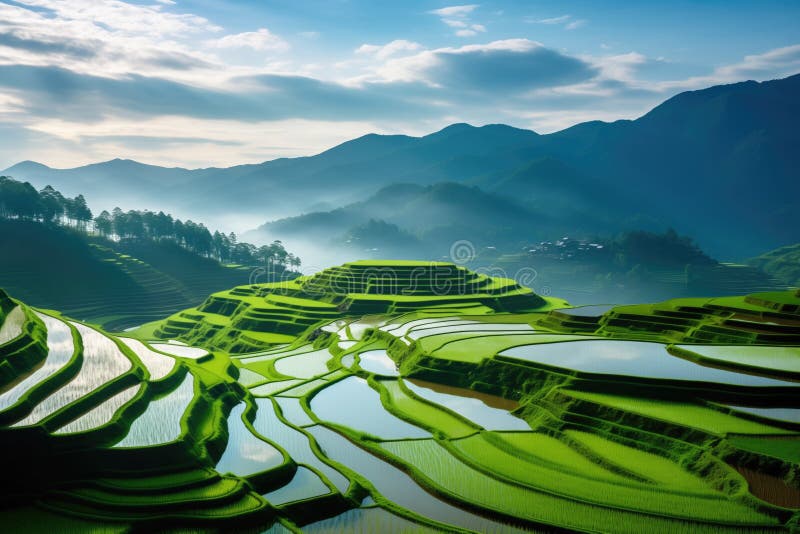 Captivating Paddy Field Scenery in Asia Stock Illustration ...