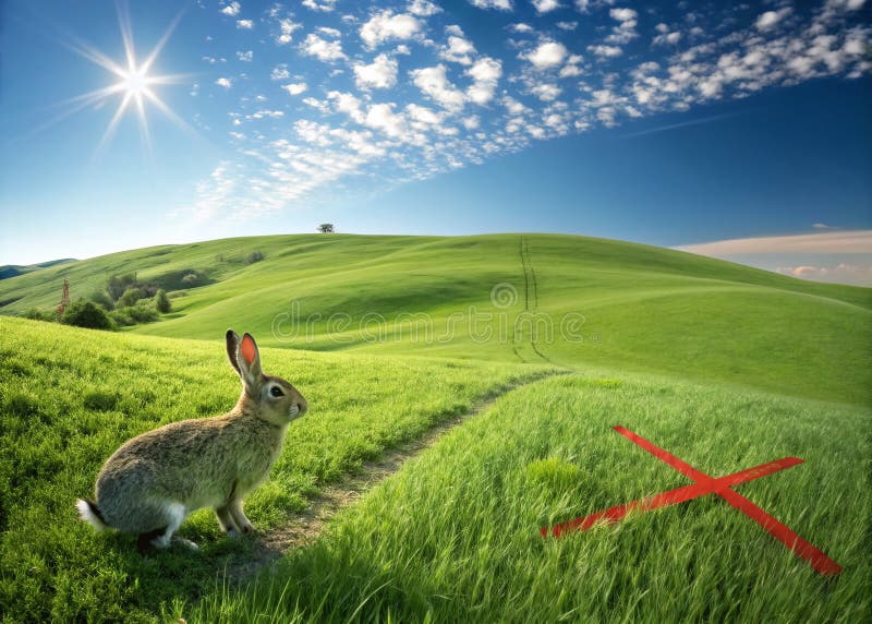 Charming Panoramic View of a Green Easter Bunny with an X Mark a ...