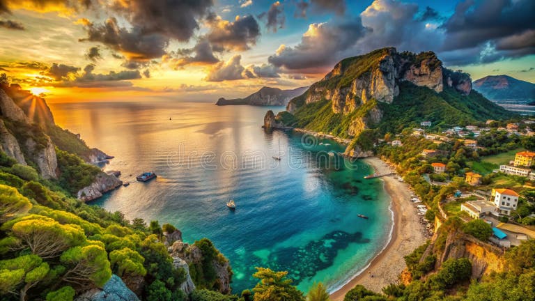 Captivating Panoramic View of Tiberio Baths Beach on Capri Azure Waters Dramatic Cliffs and ...