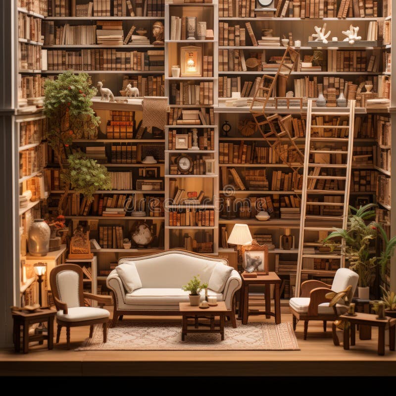 A Captivating Papercraft Library Illustration Featuring a Sofa Stock ...