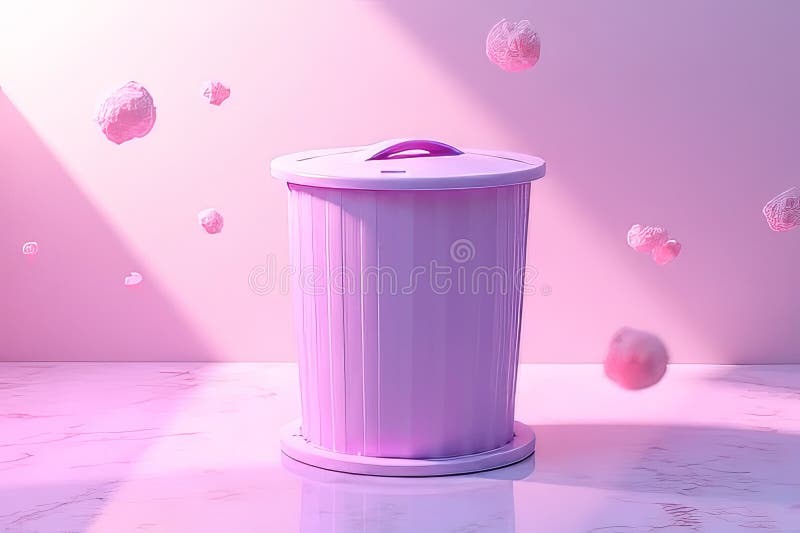 Charming Pastel Pink Trash Can with Floating Cotton Candy Clouds a ...