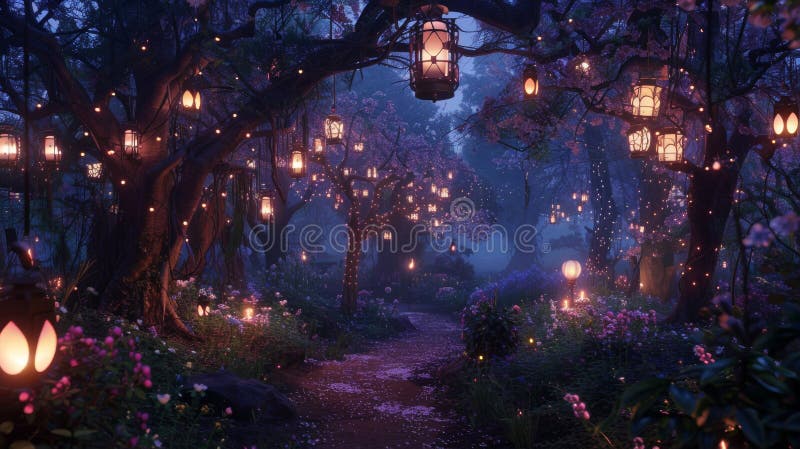 A Captivating Pathway in a Forest Enchantingly Lit by Lanterns and ...