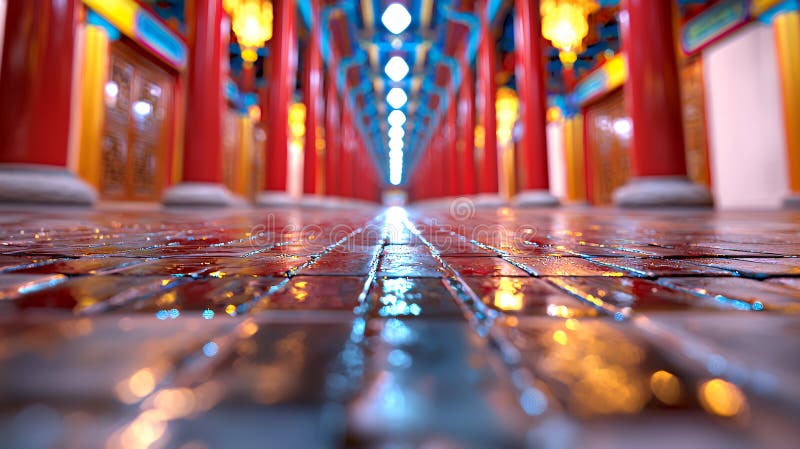 Captivating Perspective of Reflective Pathway in Vibrant Architectural ...
