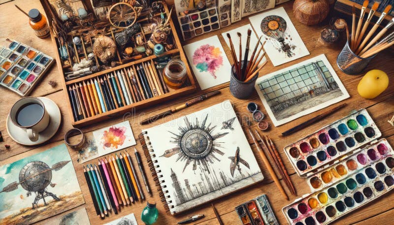Creative Art Workspace with Drawing and Painting Tools, AI-Generated ...