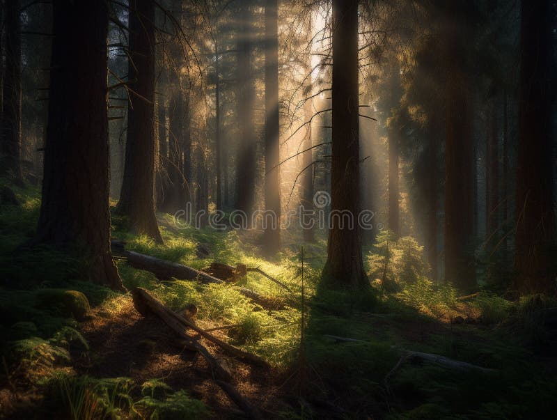 Sun Rays Peeking through a Dense Pine Forest Stock Illustration ...