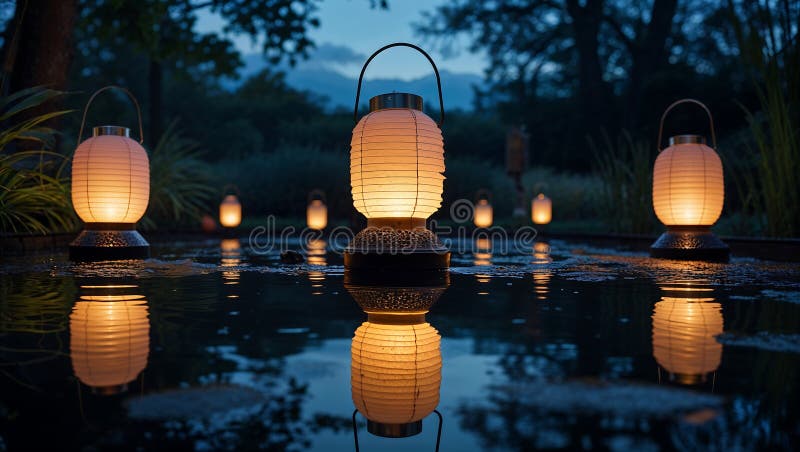 Still Water Reflection of a Glowing Lantern Stock Illustration ...