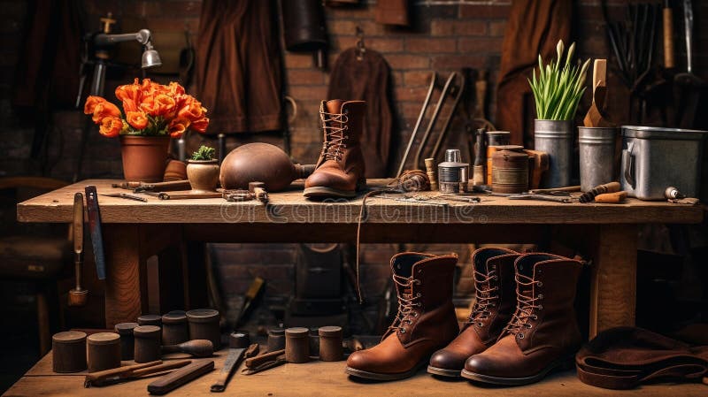 Artisans Haven: Leatherwork Bench with Handcrafted Boots and Tools ...