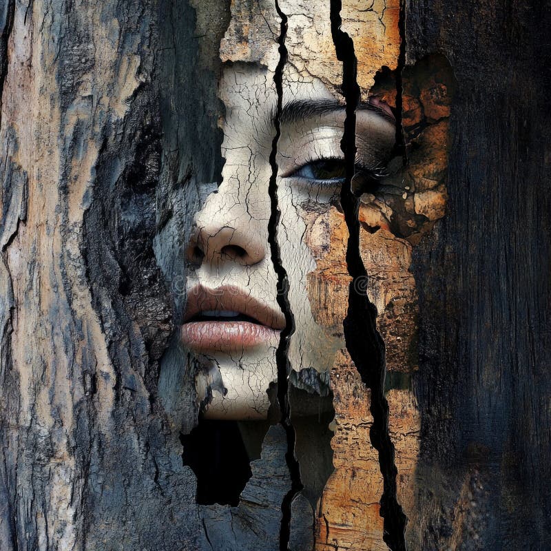A Captivating Portrait of a Face Emerging from Textured Wood. it ...