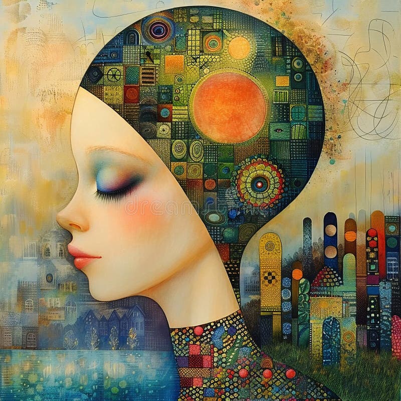 A Young Woman with a Contemplative Expression, Adorned with Vibrant ...