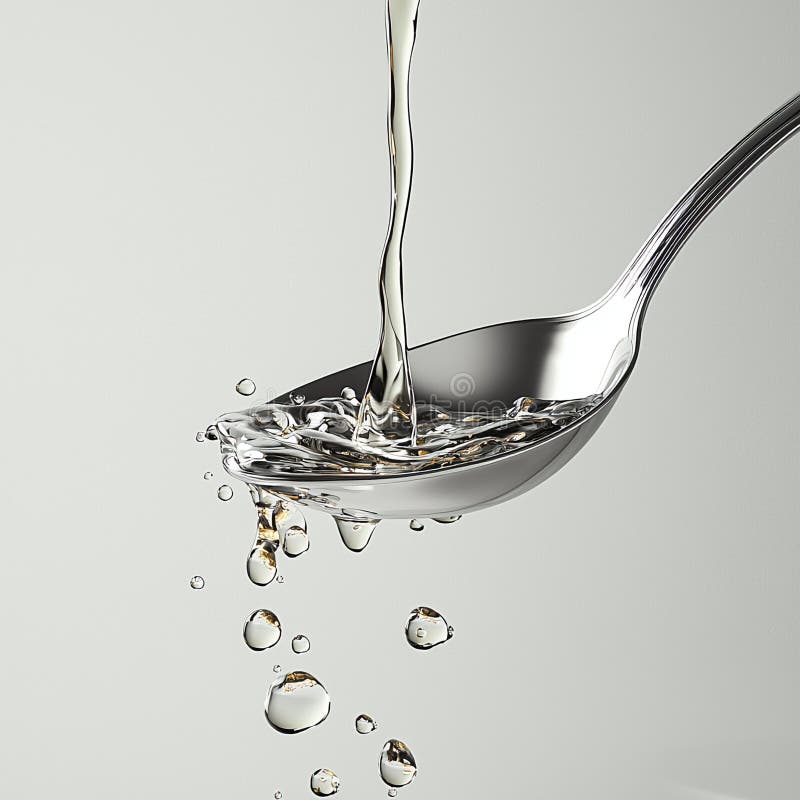 Pouring Clear Liquid into a Spoon with Water Droplets and Light Color ...