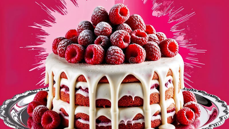 Captivating Raspberry Cake with White Icing and Fresh Fruit Stock ...