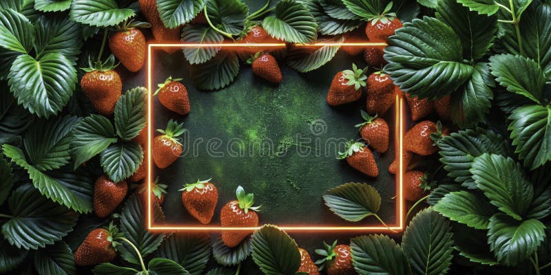Captivating Red Neon Rectangle Frame Against a Vibrant Strawberry Leaf ...