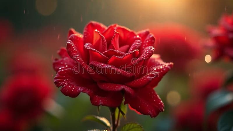 Captivating Red Rose Displayed with Grace in a Tender Rainfall Backdrop ...
