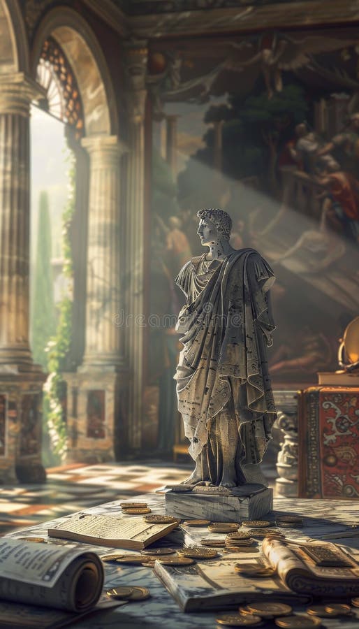 A Captivating Roman Study Featuring a Statue of Seneca, Ancient Scrolls ...