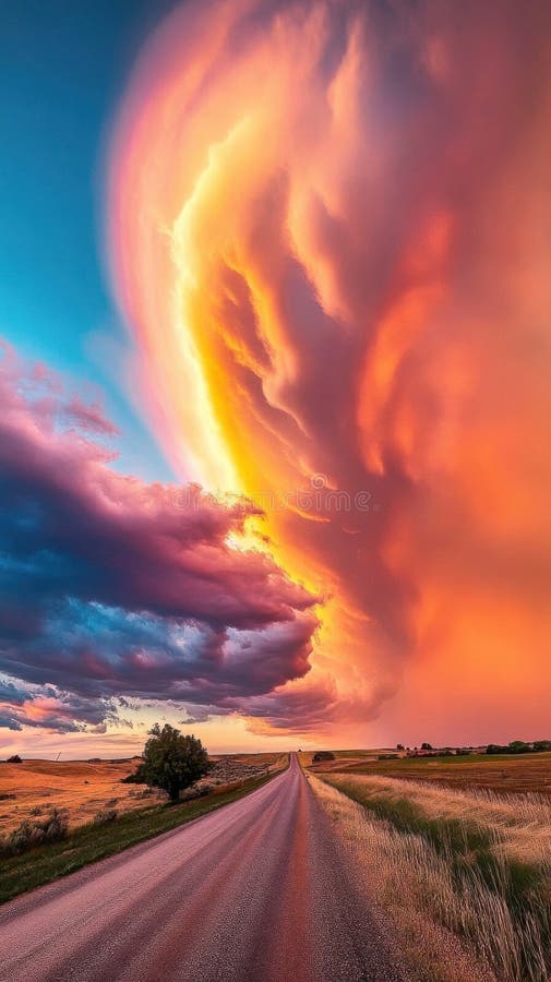 Captivating Rural Landscape with Dramatic Sunset Clouds and Endless Road Perspective Stock ...