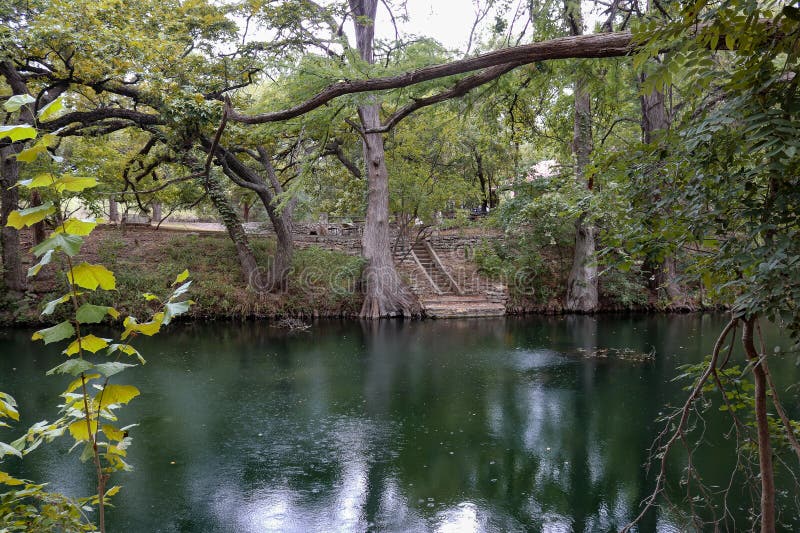 Raindrops on Blanco River with Lush Canopy of Trees in Wimberley Texas ...