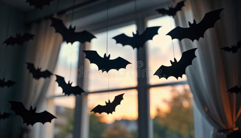 Hanging Bat Decorations Against a Sunset Background Stock Illustration ...