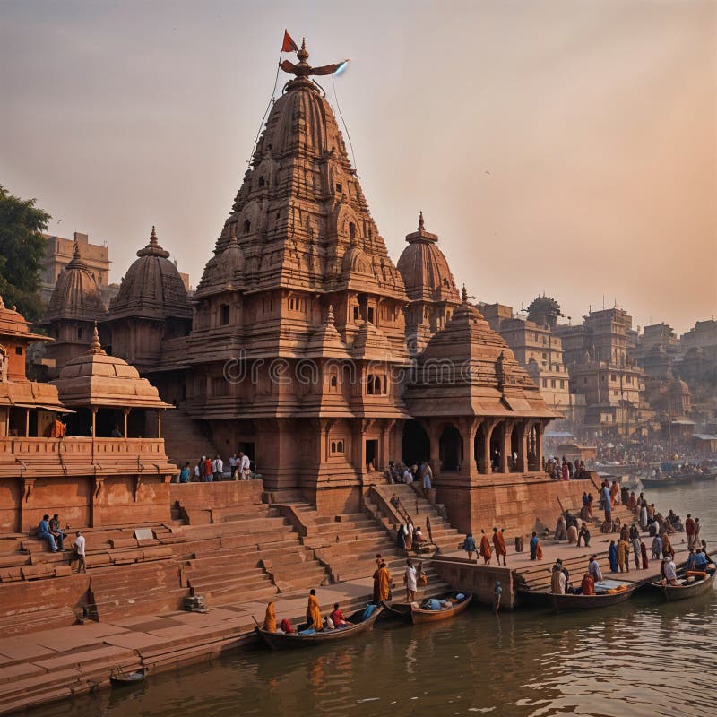 Historic Riverside Hindu Temple in Varanasi. Stock Illustration ...