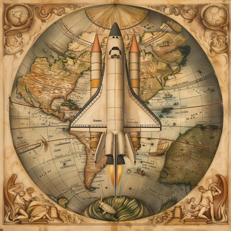 Space Shuttle Soars through World Map Its Engines Firing Leaving Trails ...
