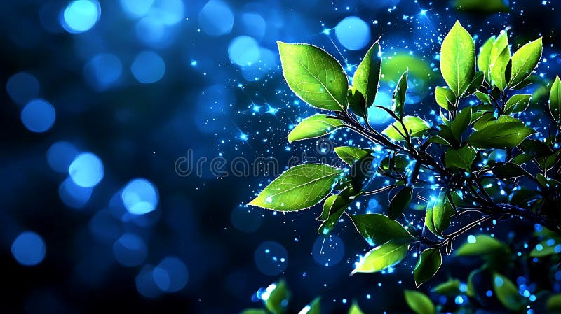Enchanted Forest with Magical Blue Glow and Leaves Stock Illustration ...