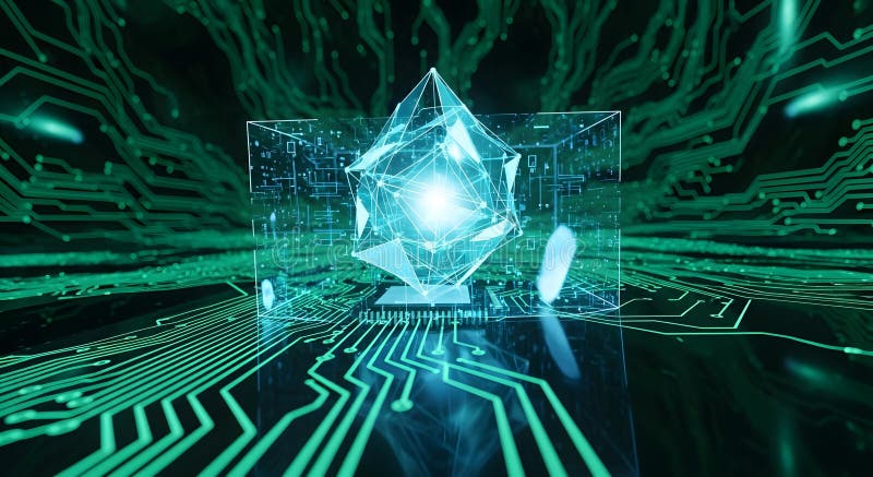 Futuristic Circuit Board with Glowing Core and Complex Data ...