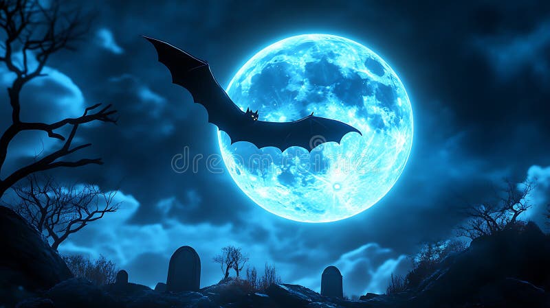 Spooky Bat Flying Over Haunted Graveyard at Full Moon Stock ...