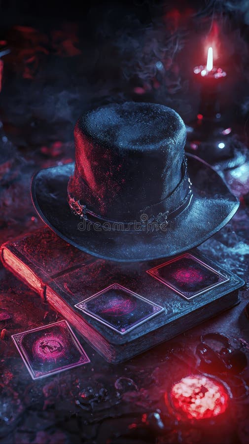Mysterious Hat and Spellbook with Tarot Cards Surrounded by Smoke and ...