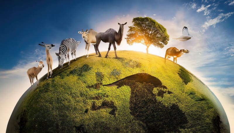 Vibrant Animal Gathering Around a Globe a Powerful Symbol of Global ...